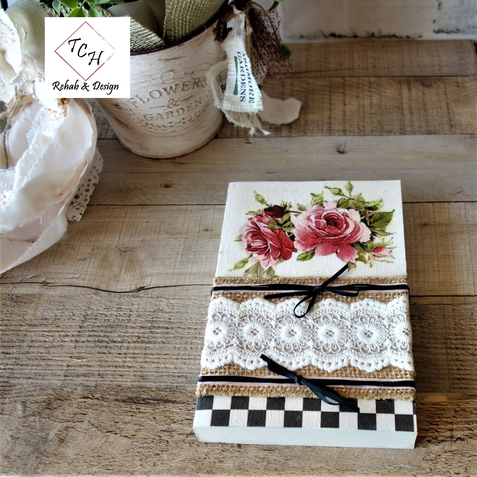 Black Checked With Pink Rose Decor Checked Shabby Chic Decor Romantic ...