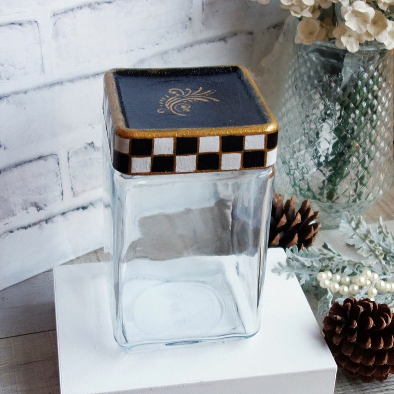 Courtly Checked Storage Vintage Glass Jar Hand Painted Check Canister ...