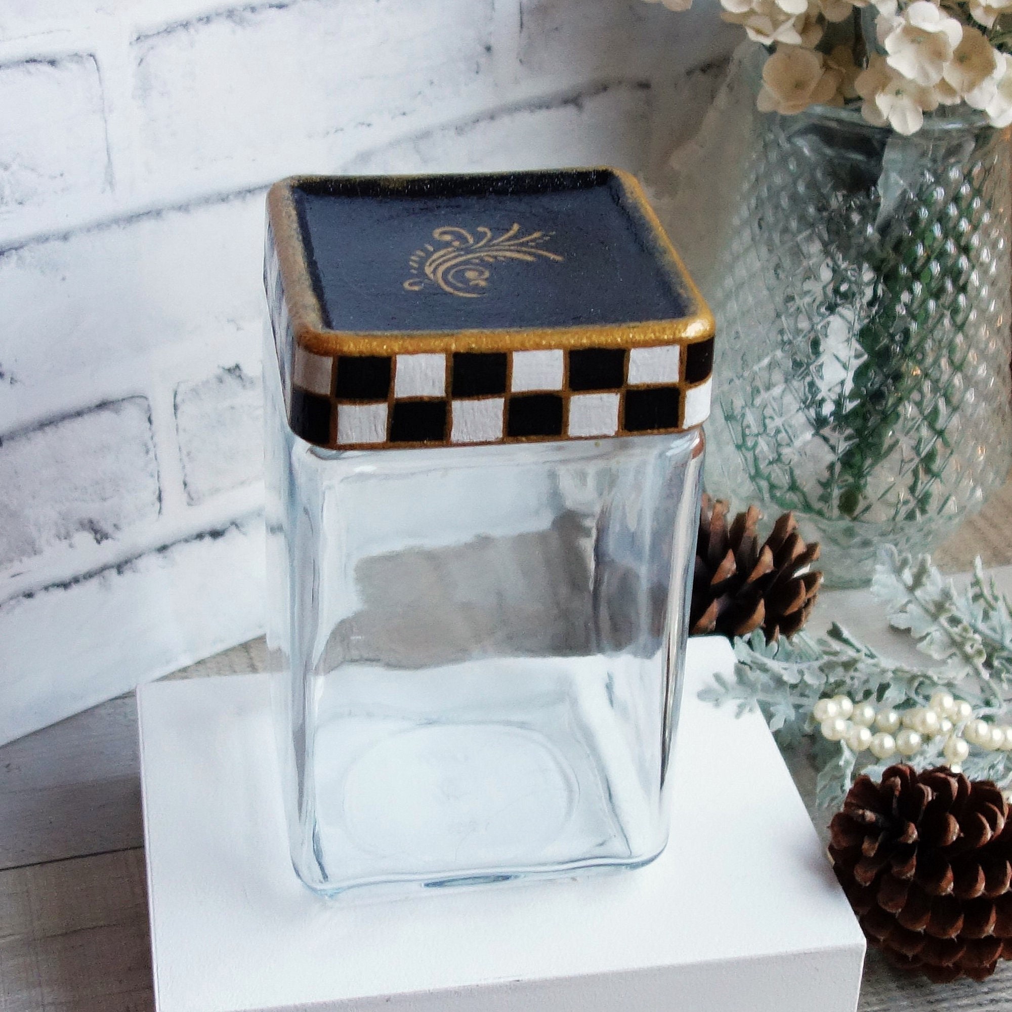 Courtly Checked Storage Vintage Glass Jar Hand Painted Check Canister ...