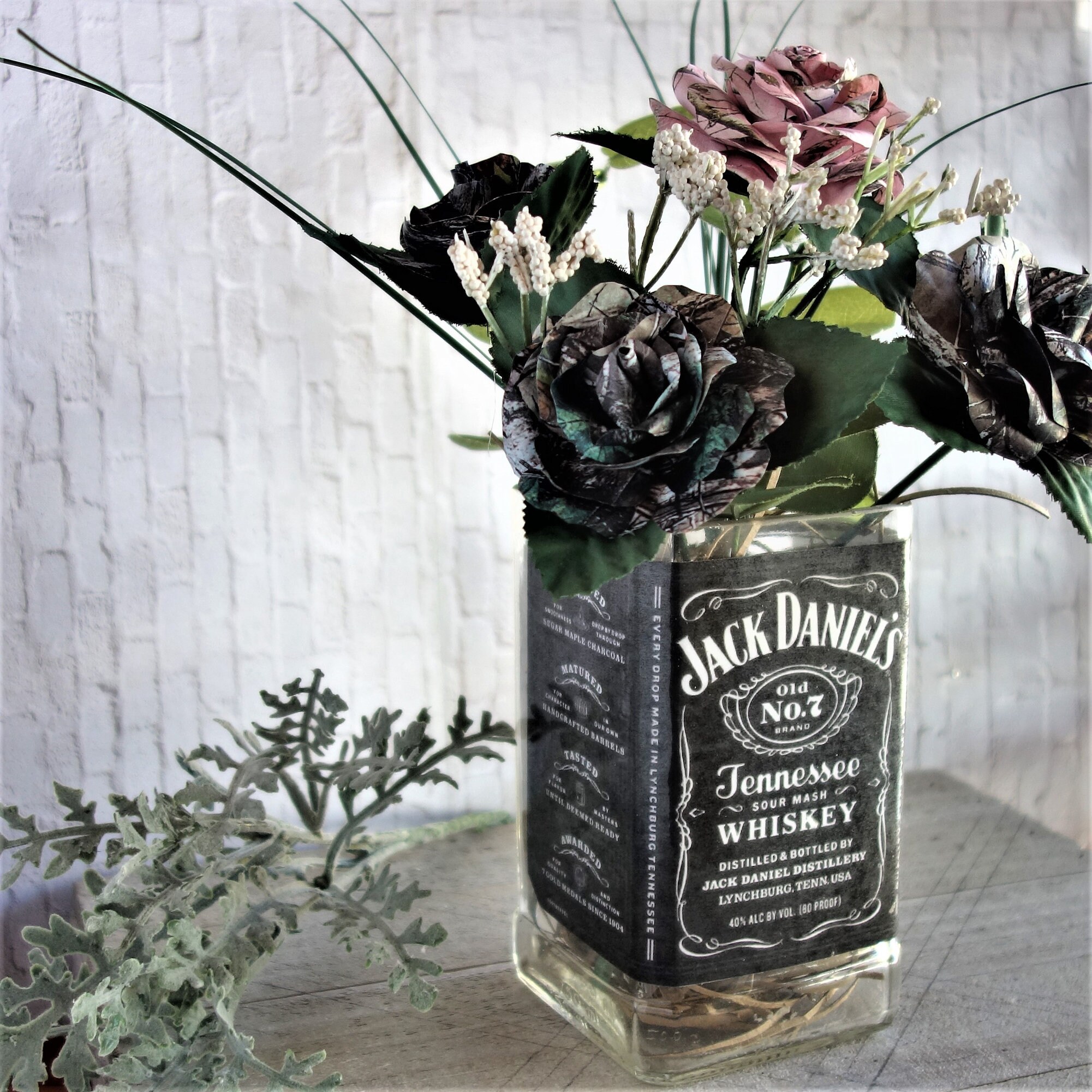 Camo Roses Camo Rose Bouquet in Jack Daniels Whiskey Bottle Vase Pink ...