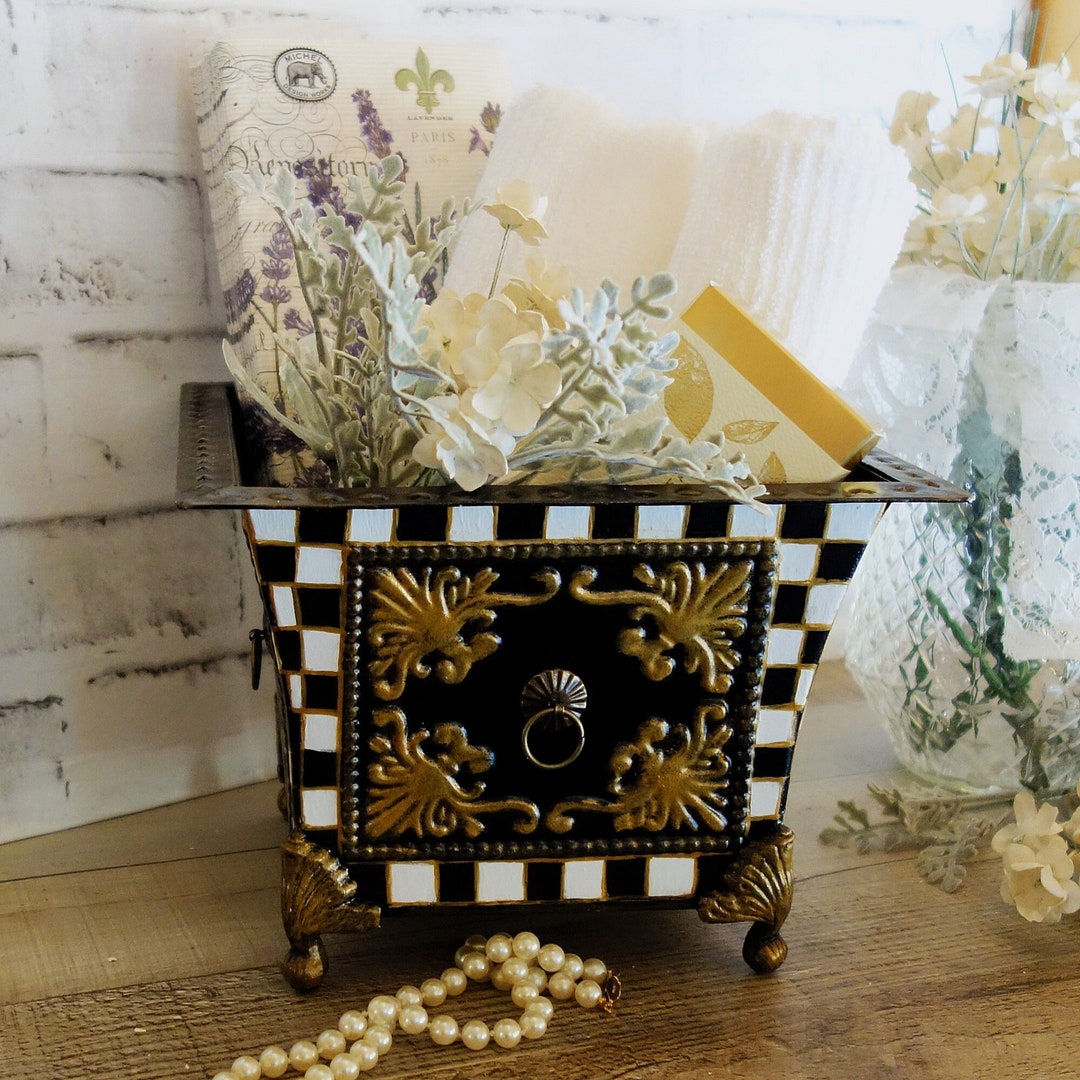 Stately Check Towel Caddy Checkered Storage Basket Black Gold Checked ...