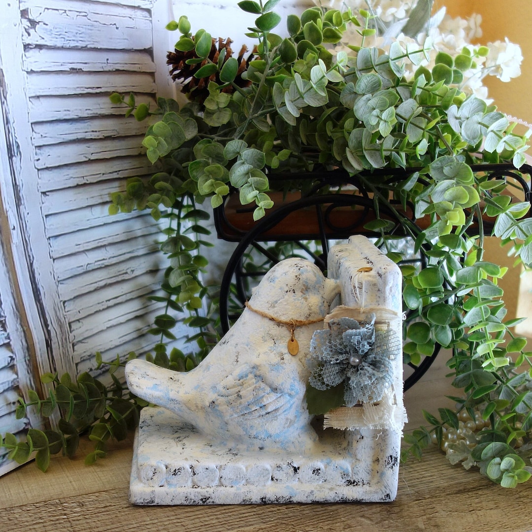 Stone Look Chippy Paint Blue Bird Decor Door Stop Blue Shabby Chic ...