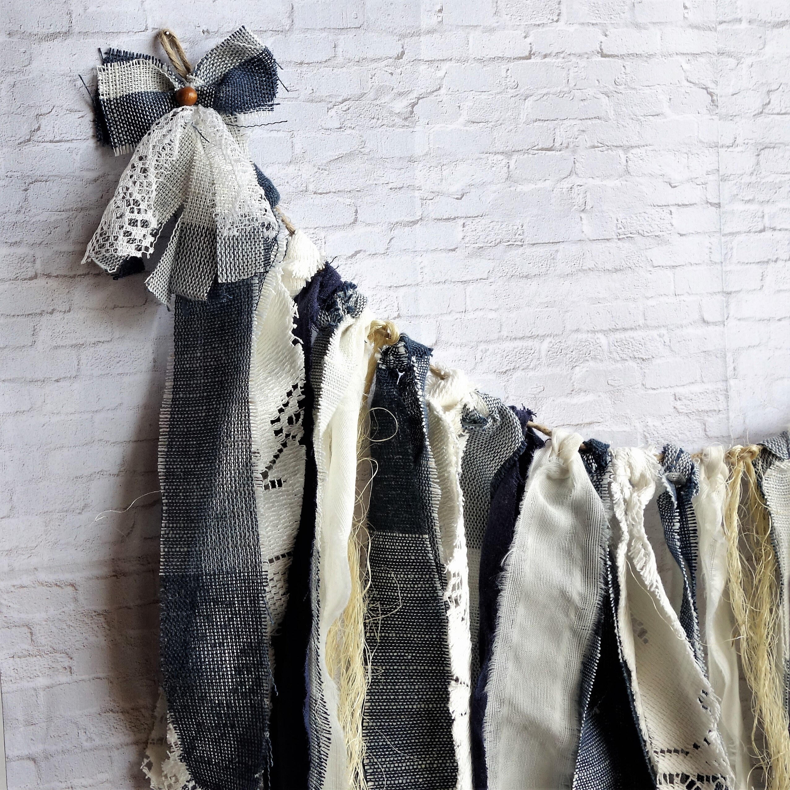 Blue Plaid Rag Garland Mirror Decor Navy Blue Home Decor Dark Blue ...
