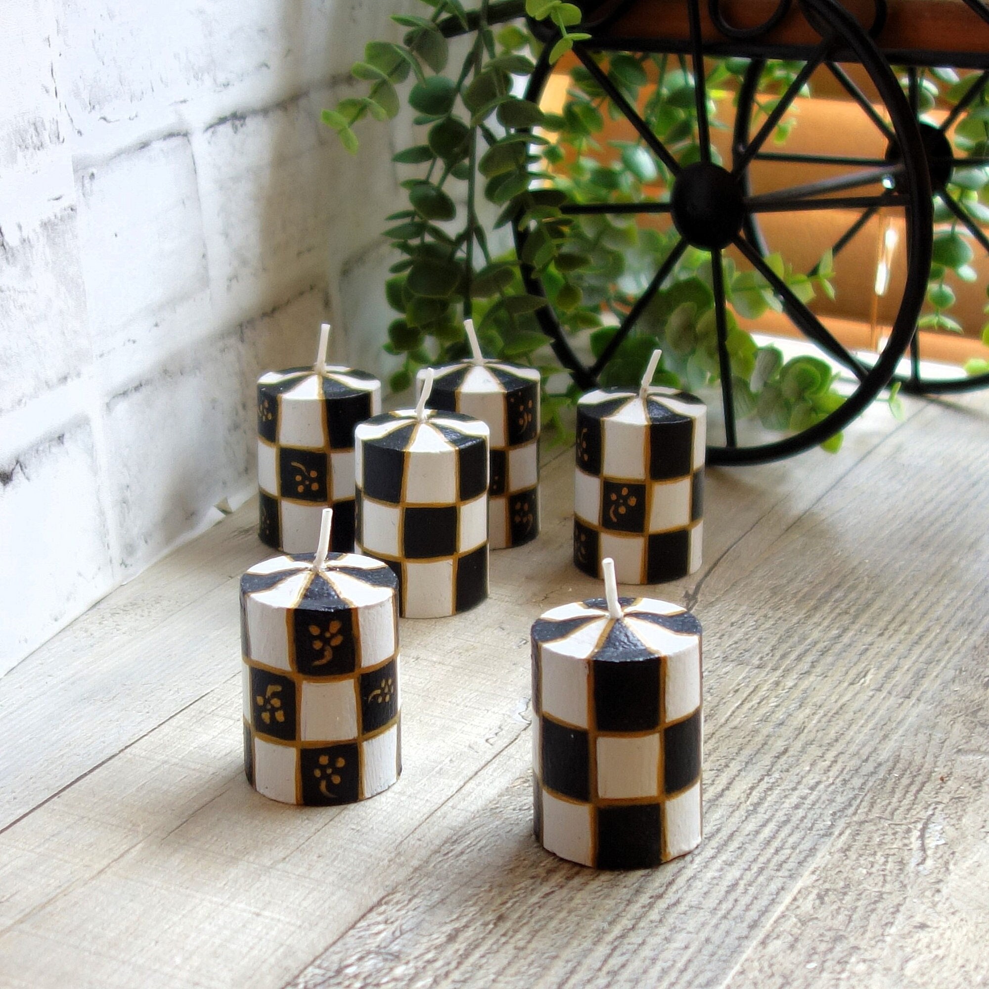 Black Checked Candle Checkered Tall Tealight Candle Hand Painted Black ...