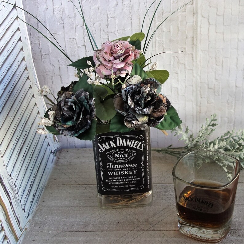 Camo Roses Camo Rose Bouquet in Jack Daniels Whiskey Bottle Vase Pink ...