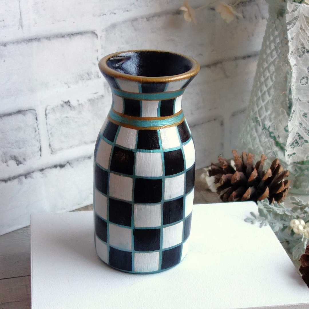 Courtly Seafoam Checkered Vase Hand Painted Black and White Check Decor ...