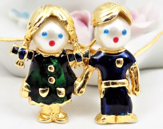 Bijoux Stern Boy Girl Brooch, Enamel, Gold Plated, Stern From Paris ...