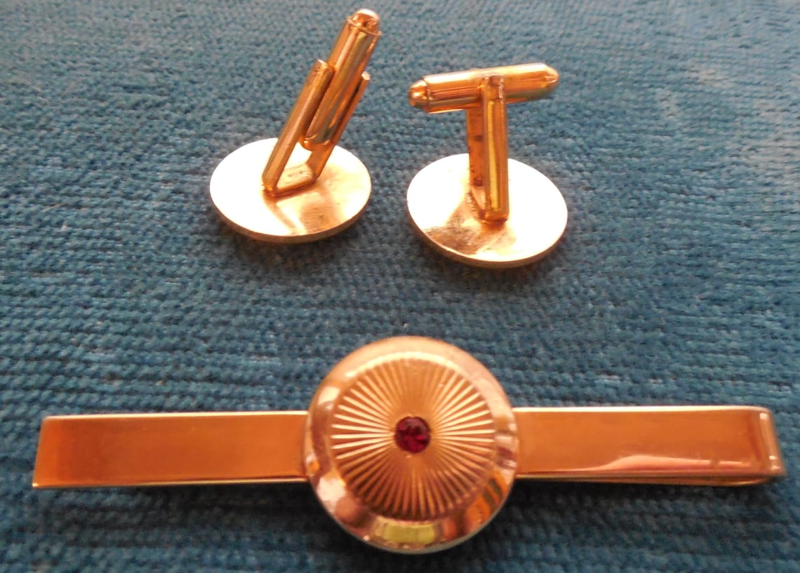 Tie Clip Cufflinks Set Gold Tone 2 1/2 Tie Bar With - Etsy