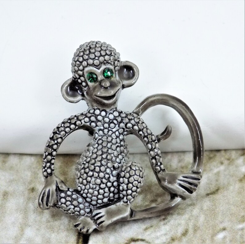 Gerry's Monkey Brooch Gray Metal Embossed Dots Green - Etsy
