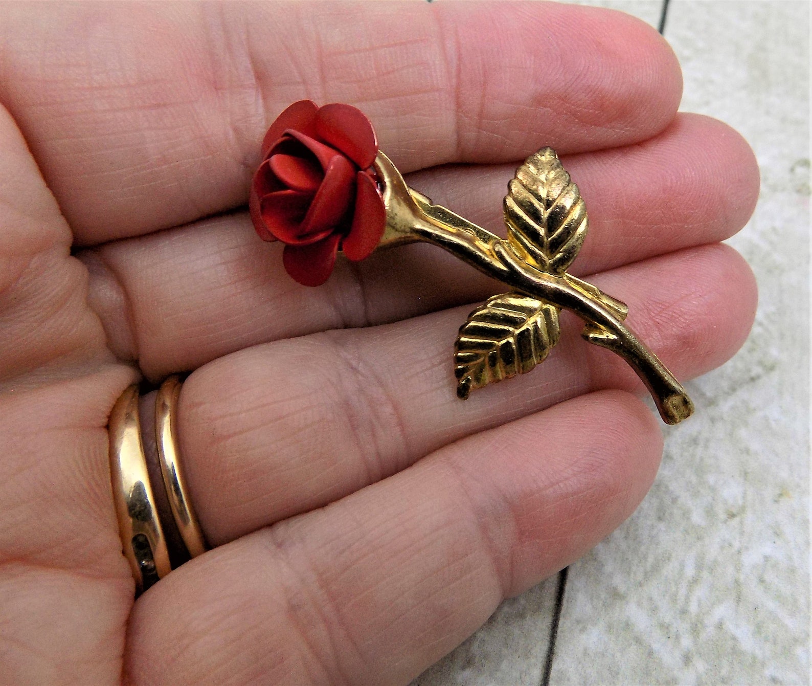 Red Rose Brooch Golden Leaves and Stem Gifts for Her | Etsy