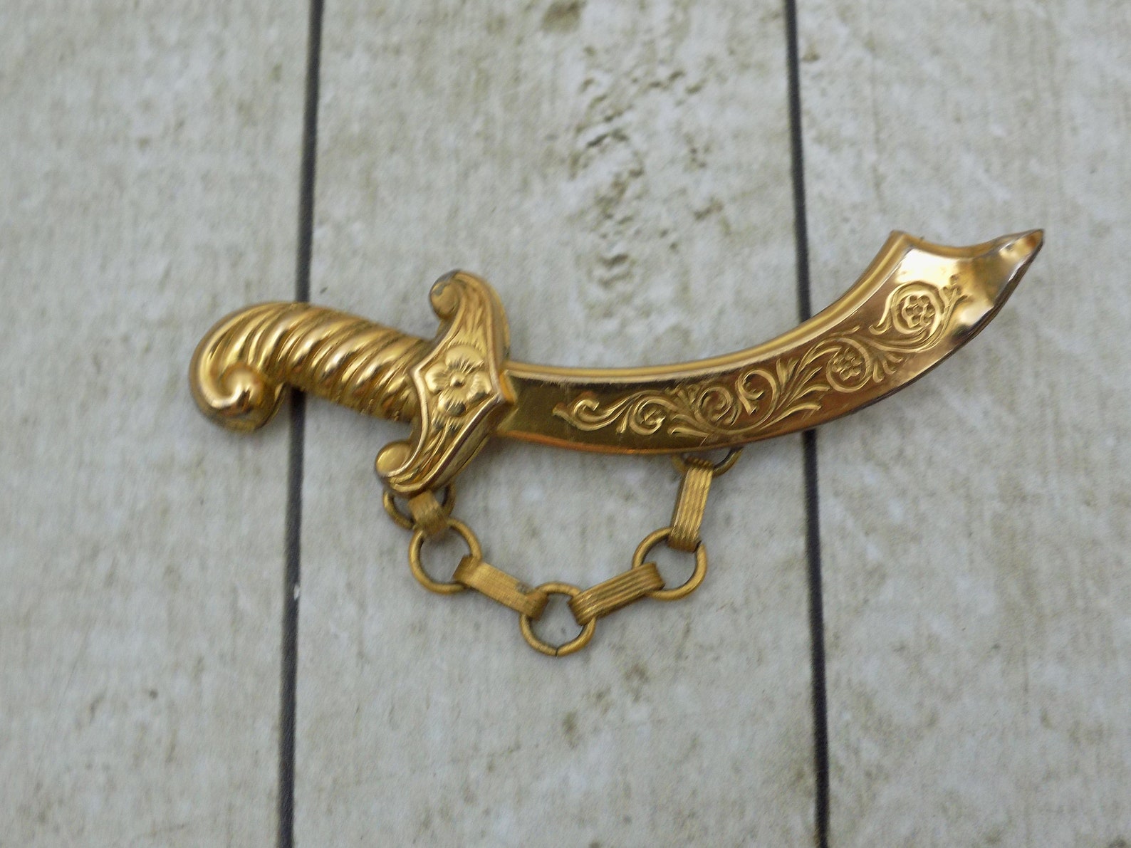 Scimitar Sword Brooch Engraved Blade With Chain Gold Wash | Etsy