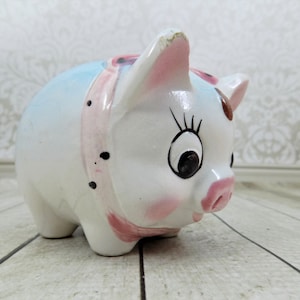 Piggy Bank, Ceramic Pig, Long Eyelashes, Slot on Top, Cute Bow, Vintage ...