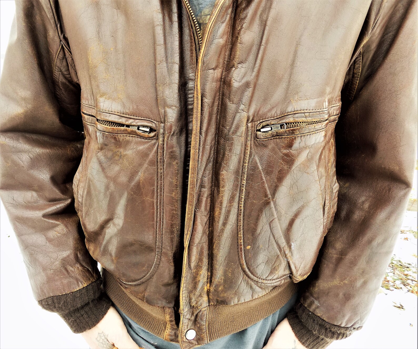 Leather Bomber Jacket Brown Distressed Leather Size 48 Le | Etsy