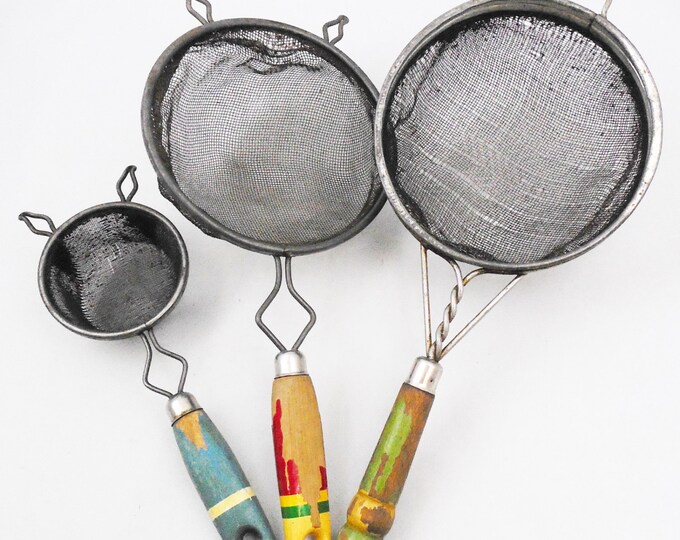 3 Old Kitchen Strainers, 2 11 1/2 Long and 1 8 1/4 Long, Wood Handles ...