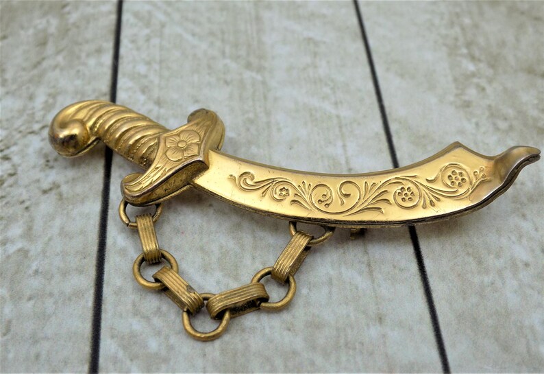 Scimitar Sword Brooch Engraved Blade With Chain Gold Wash - Etsy