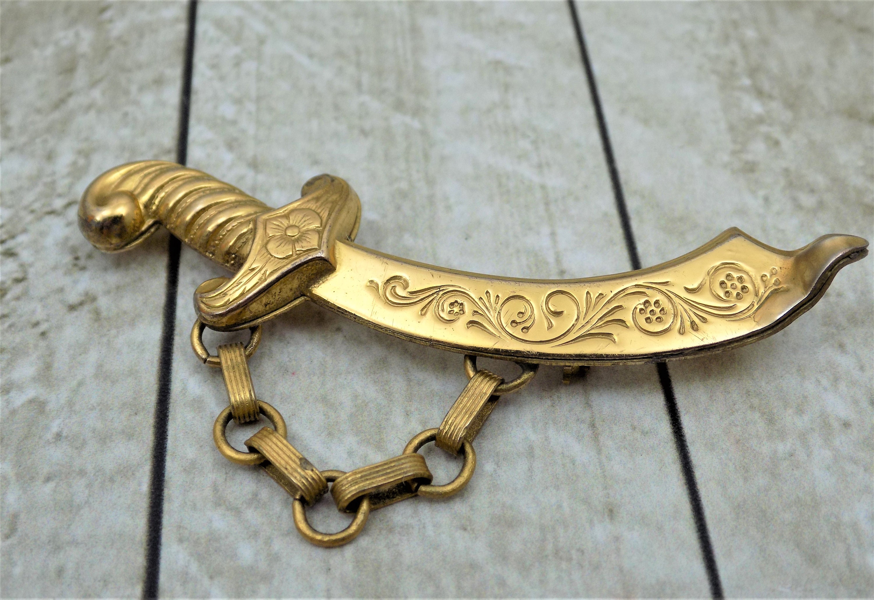 Scimitar Sword Brooch Engraved Blade With Chain Gold Wash - Etsy