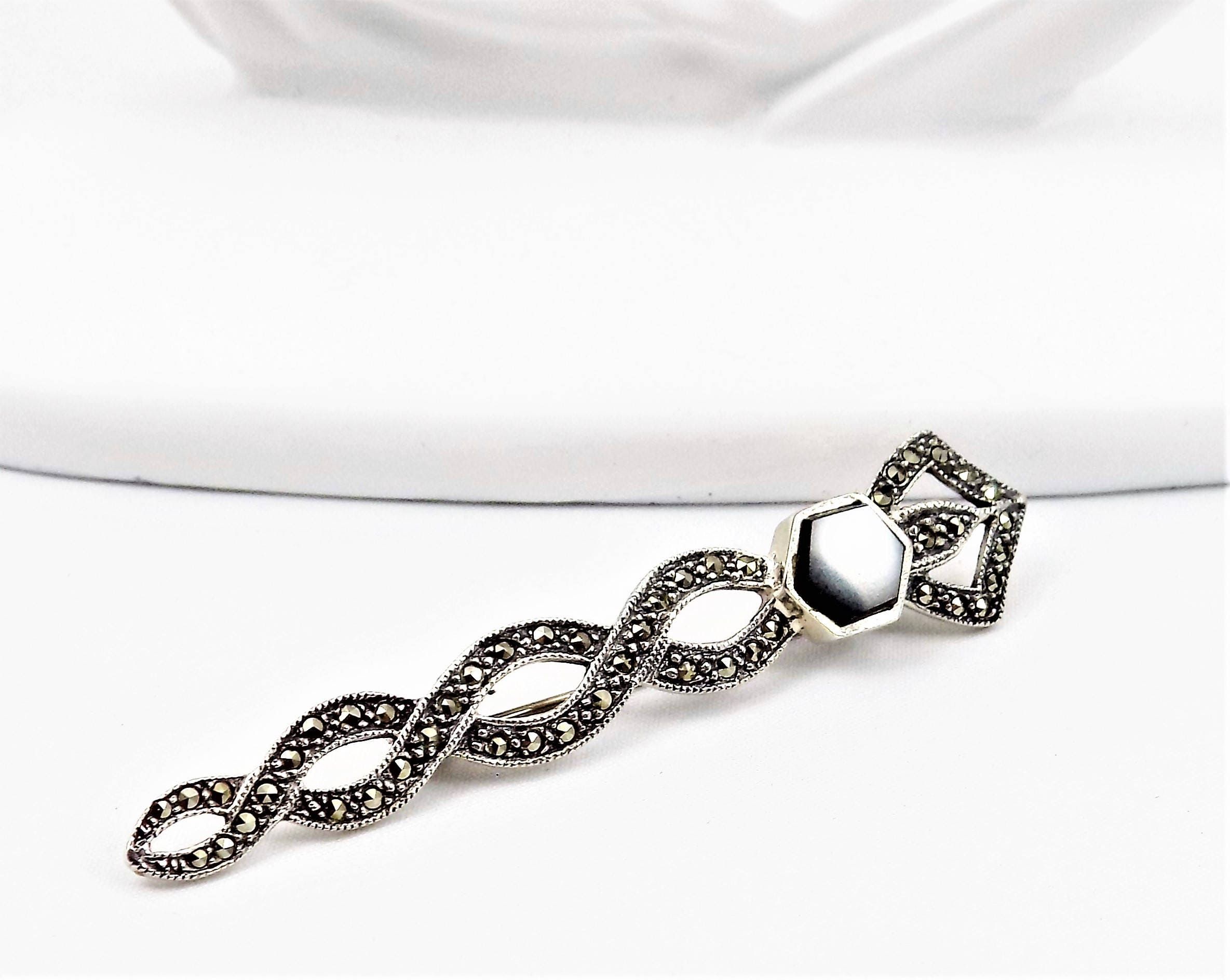 IBB Sterling Marcasite Bar Brooch THA Silver and Black - Etsy
