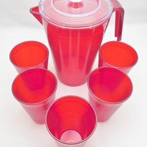 Red Plastic Pitcher With Tumblers 8 1/2" Pitcher With 5-5" Tumblers ...