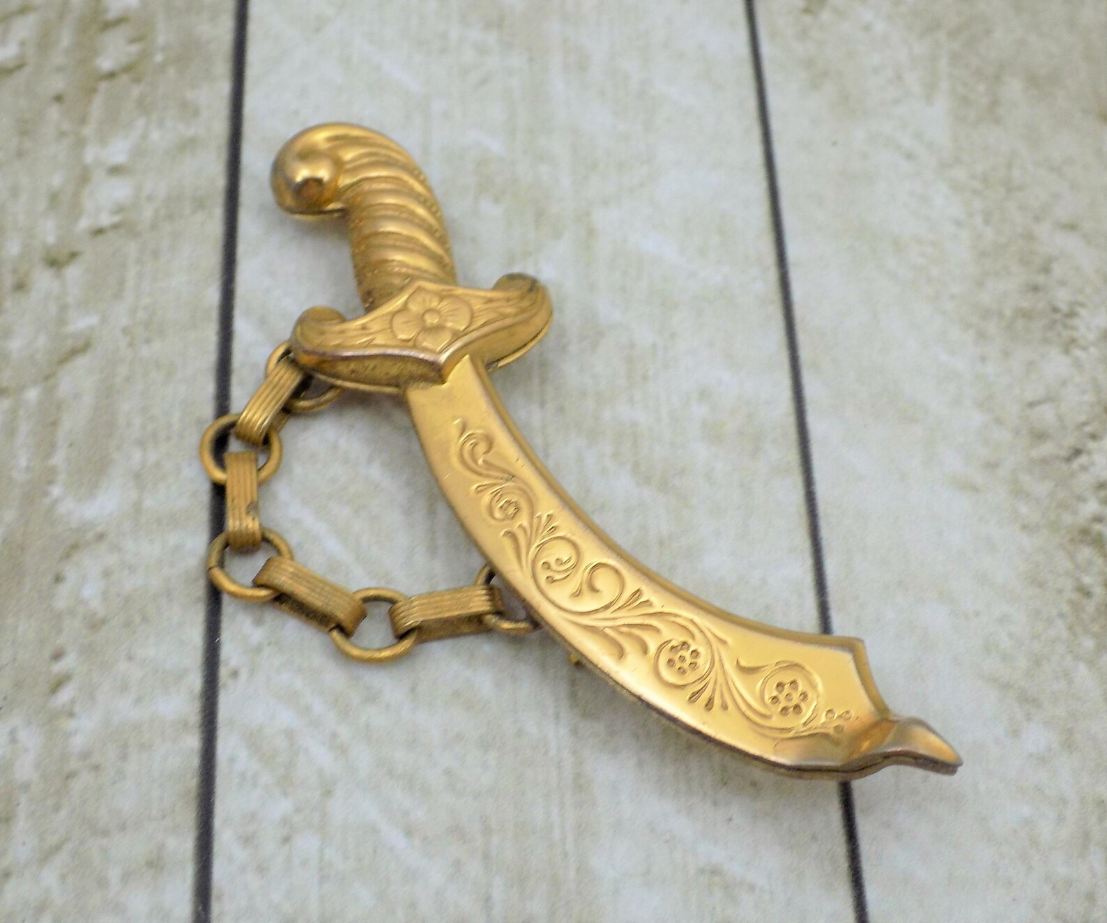 Scimitar Sword Brooch Engraved Blade With Chain Gold Wash | Etsy