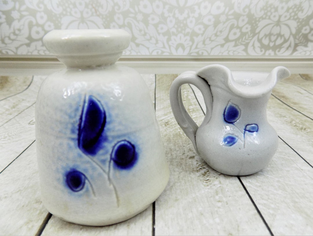 Stoneware Pottery, Pitcher, Vase, Blue Flowers, Bud Vase, Miniature ...