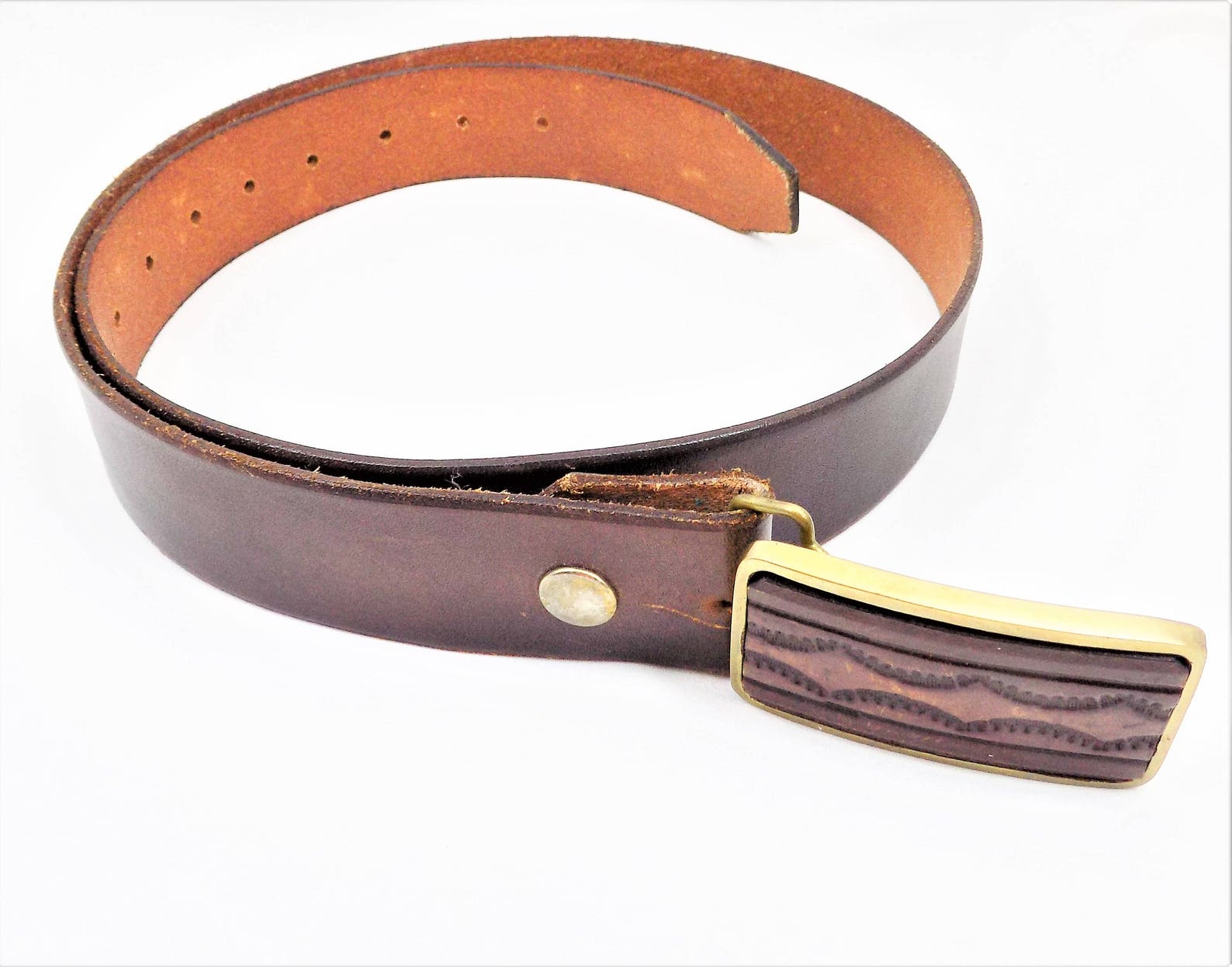 Men's Tooled Leather Buckle Belt, Solid Brass, Size 44 - Etsy