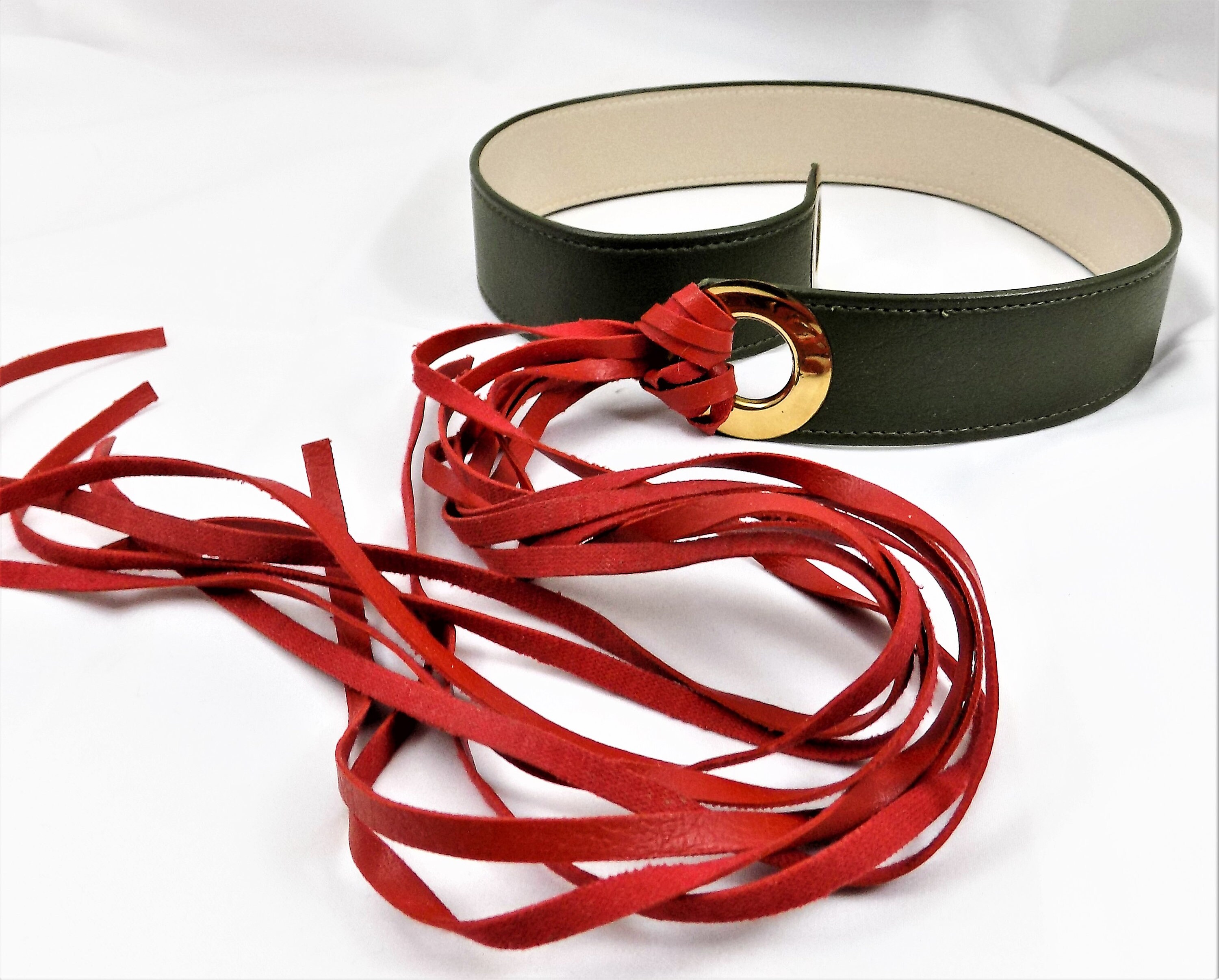 Green Vinyl Belt Red Vinyl Long Fringe Gold Tone Rivets | Etsy