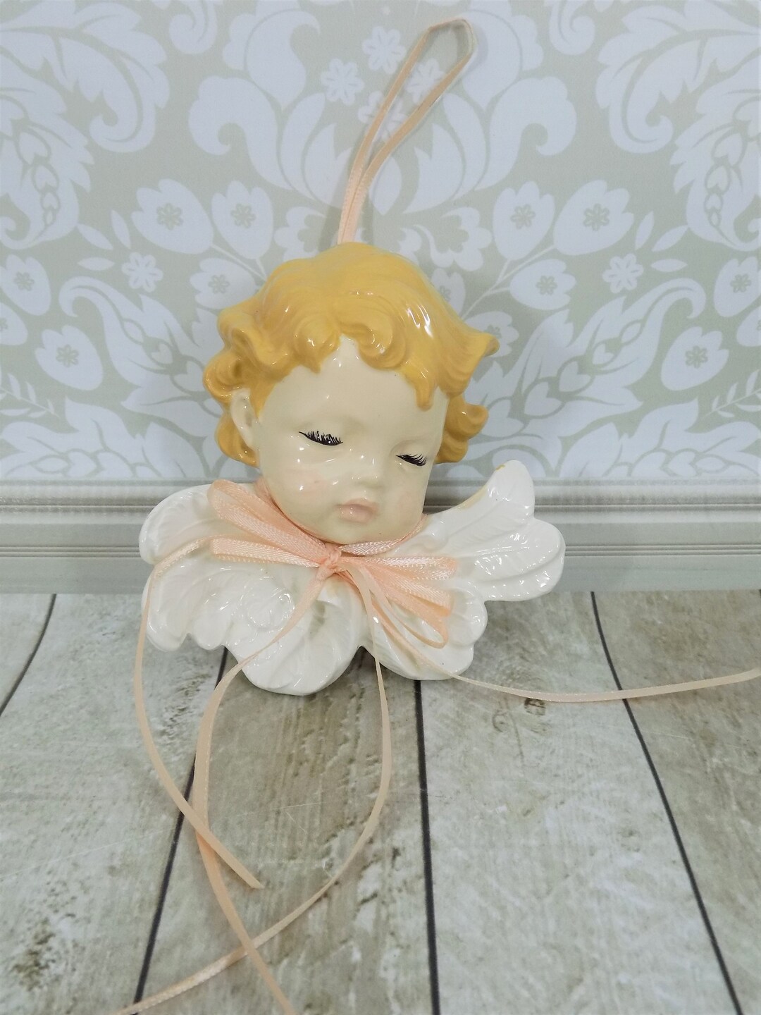Ceramic Cherub, Ribbon Bow, Hanging Ornament, Painted China, 1987 ...