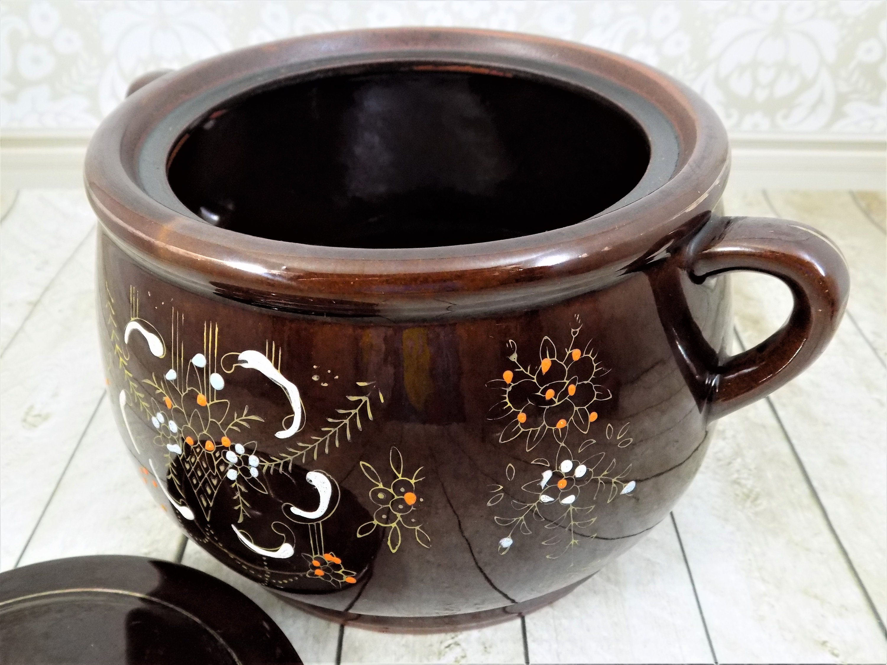 Moriage Style Rice Pot With Lid Ceramic Brown Glazed Gold | Etsy