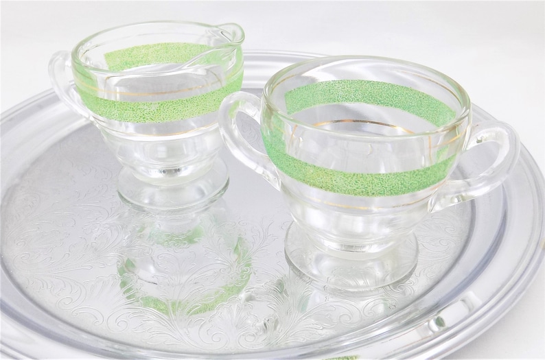 Kent Glass Creamer and Sugar Clear With Green Band Open - Etsy