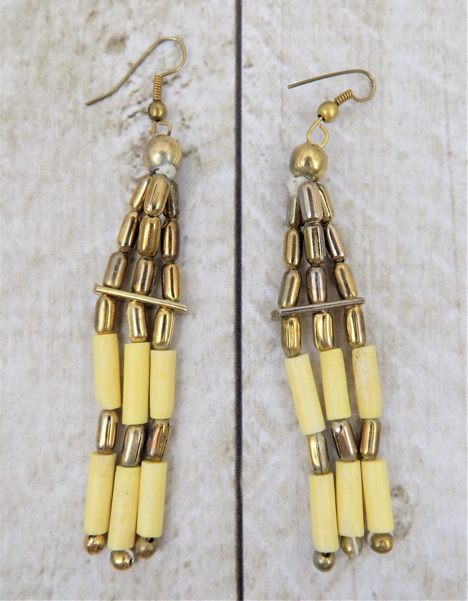 Boho Beaded Dangle Earrings, Gold Tone, Faux Bone, Tube Beads, Pierced ...