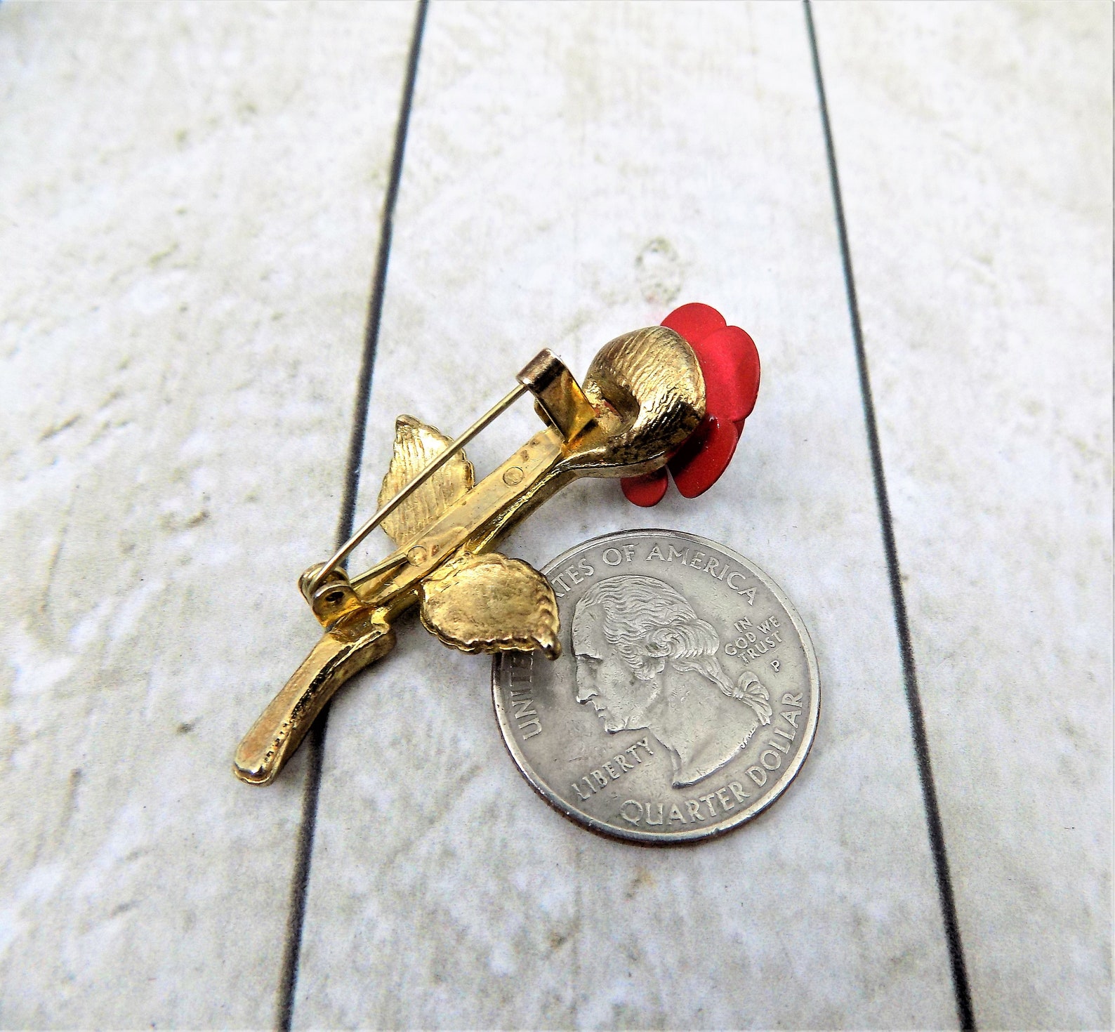 Red Rose Brooch Golden Leaves and Stem Gifts for Her | Etsy