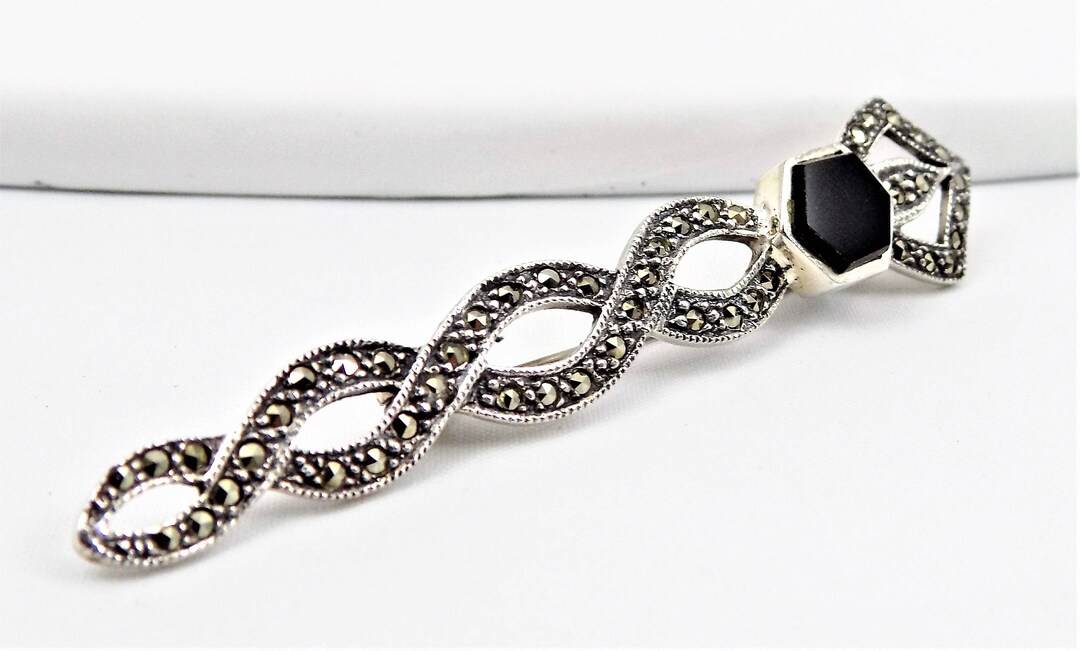 IBB Sterling Marcasite Bar Brooch, THA Silver and Black Tourmaline ...