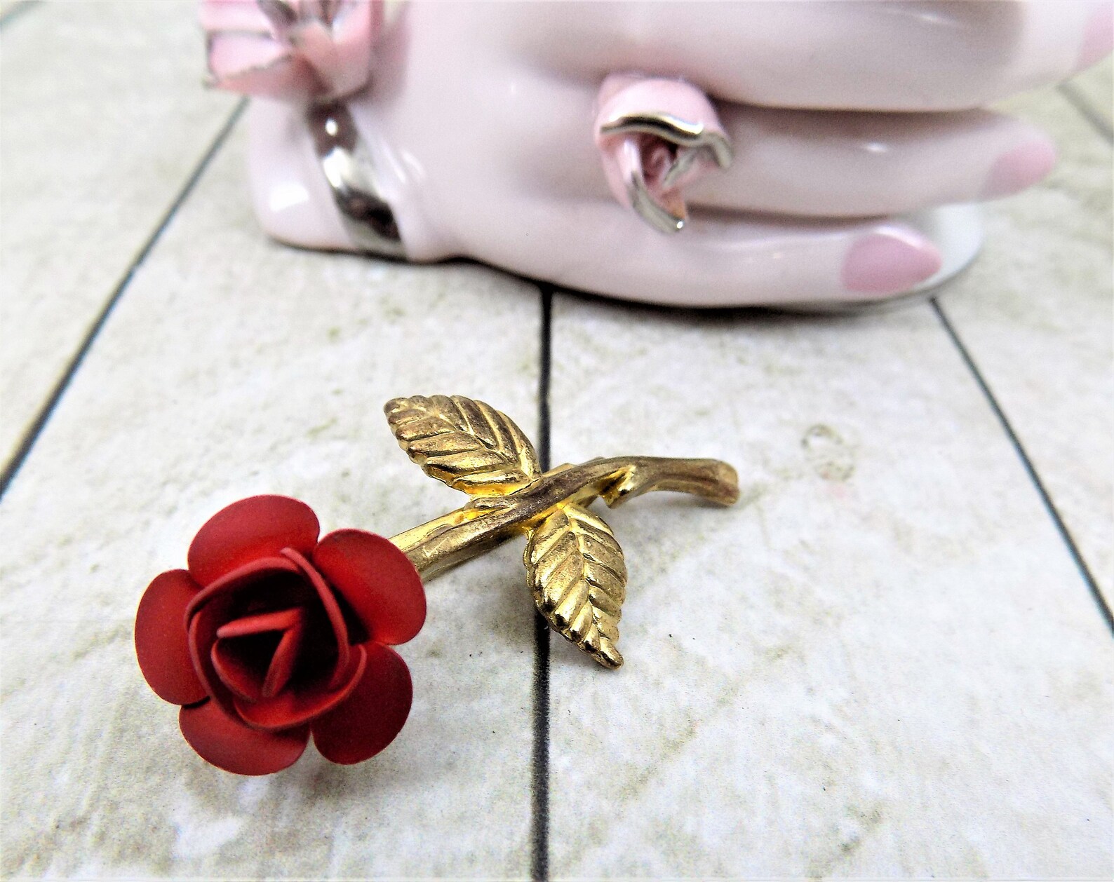 Red Rose Brooch Golden Leaves and Stem Gifts for Her | Etsy