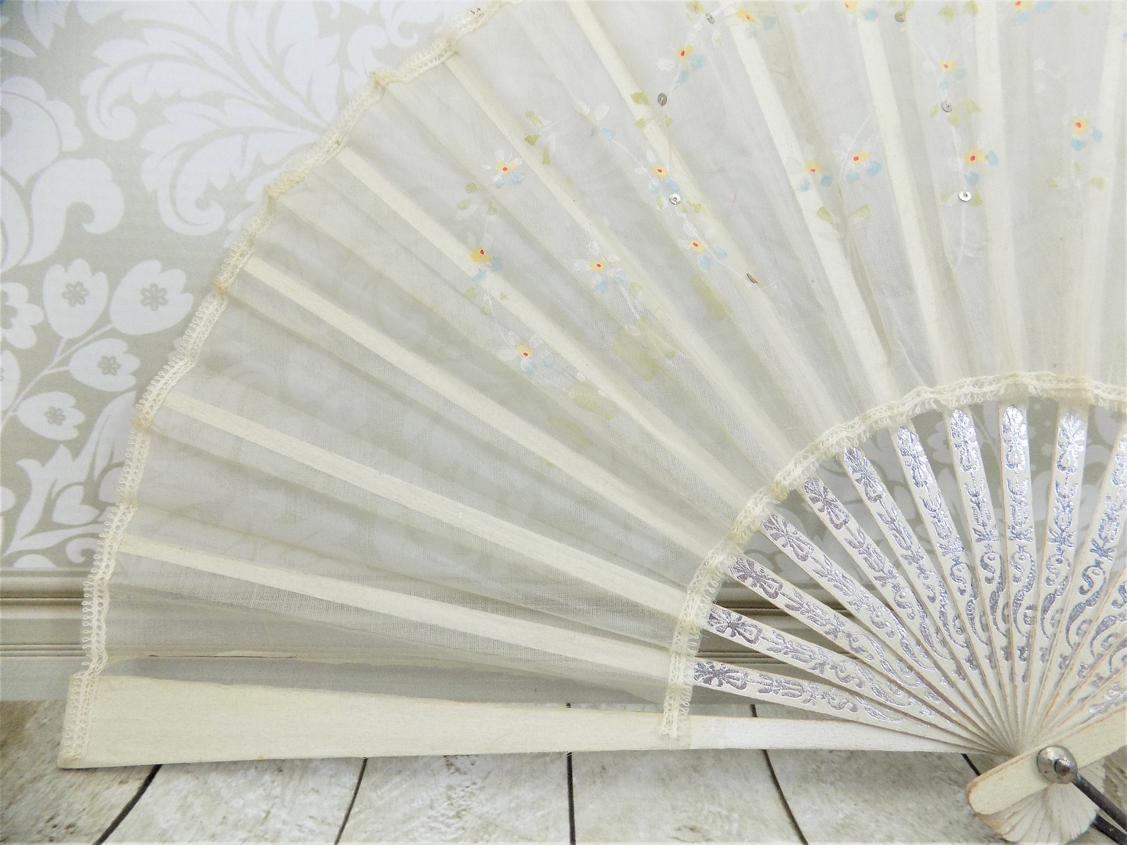 White Wedding Fan Gauze Hand Painted Hand Sewn Sequins | Etsy