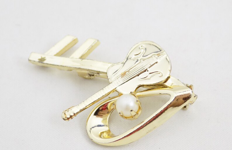 Mamselle Musical Brooch Music Note Guitar Pearl Gold | Etsy