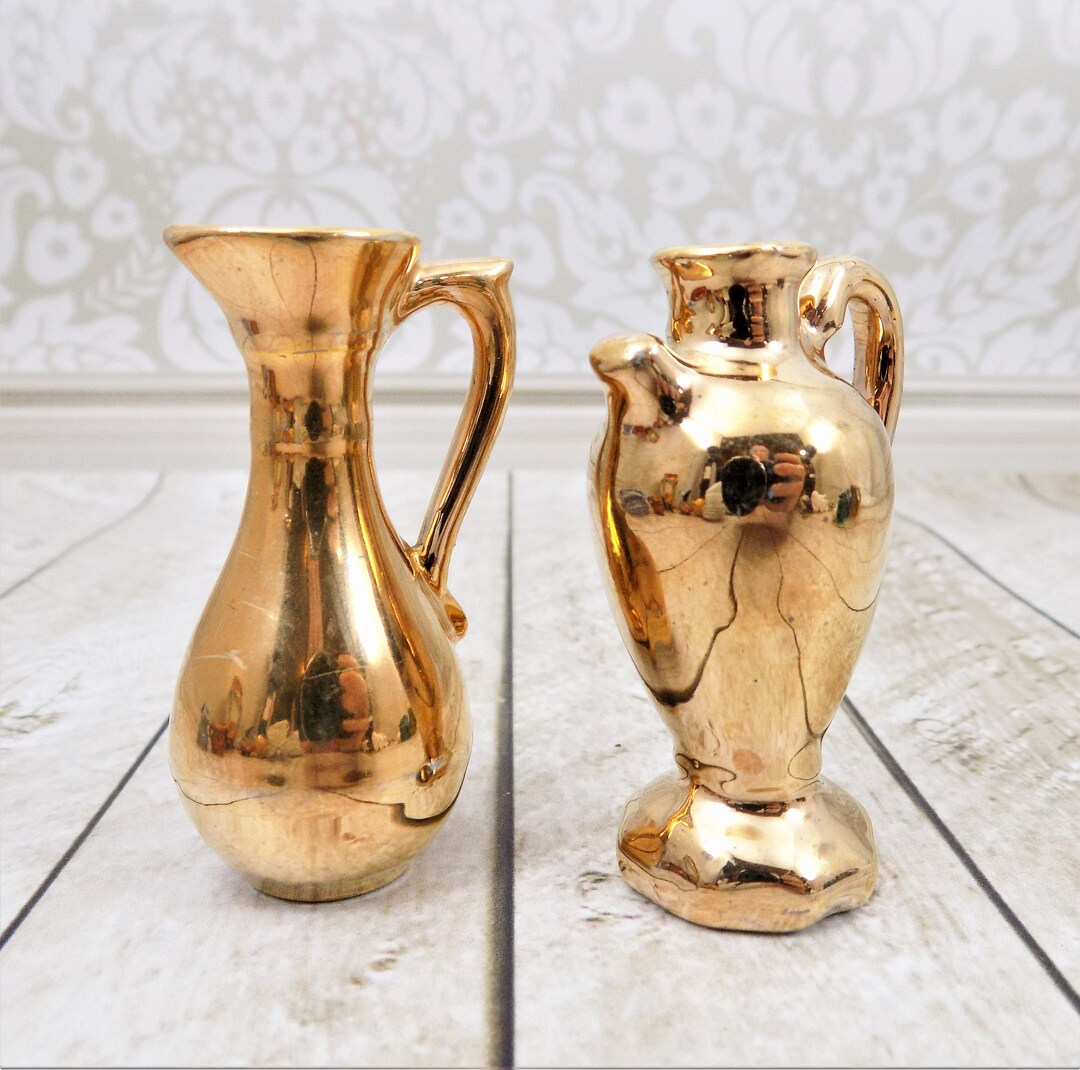 Gold Ceramic, Mini Pitchers, 2 Golden Ewers, Curio Cabinet, Small ...