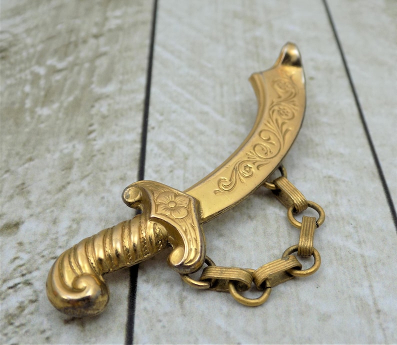 Scimitar Sword Brooch Engraved Blade With Chain Gold Wash - Etsy
