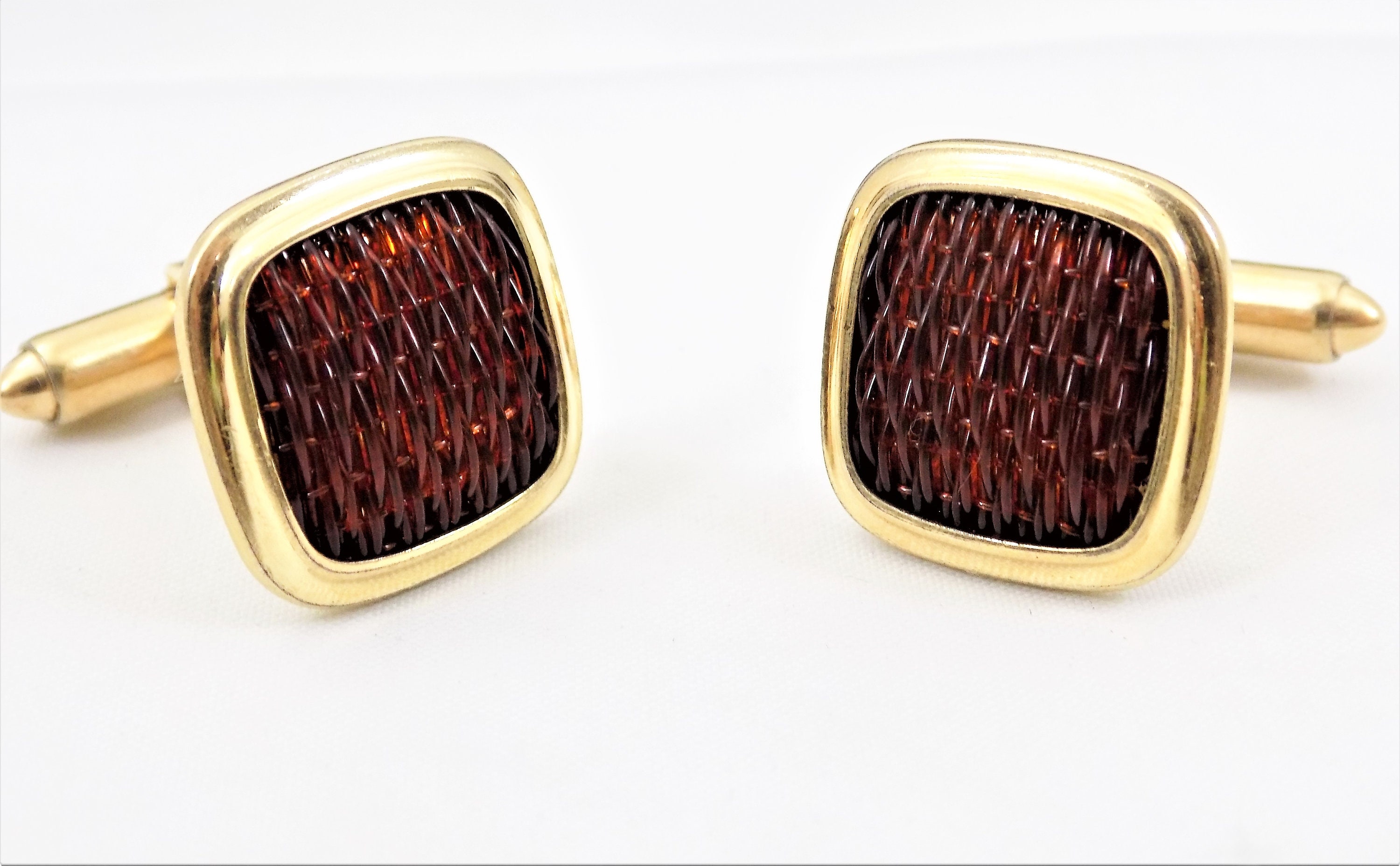 Krementz Cuff Links Brown Lucite Basketweave Gold Tone - Etsy