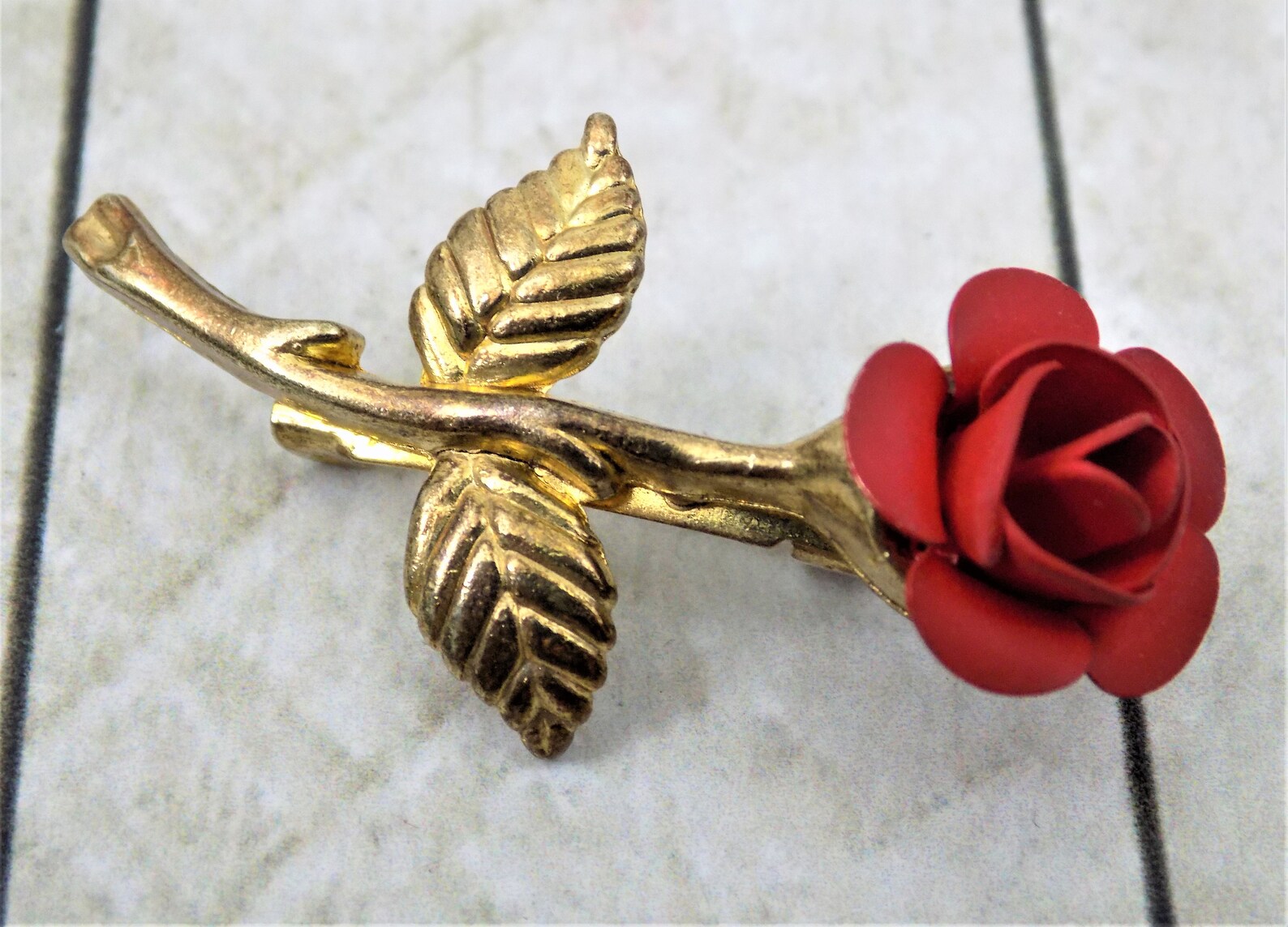 Red Rose Brooch Golden Leaves and Stem Gifts for Her | Etsy
