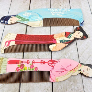 Geisha Wood Combs, Hand Carved, Hand Painted, Original Box, Set of 3 ...