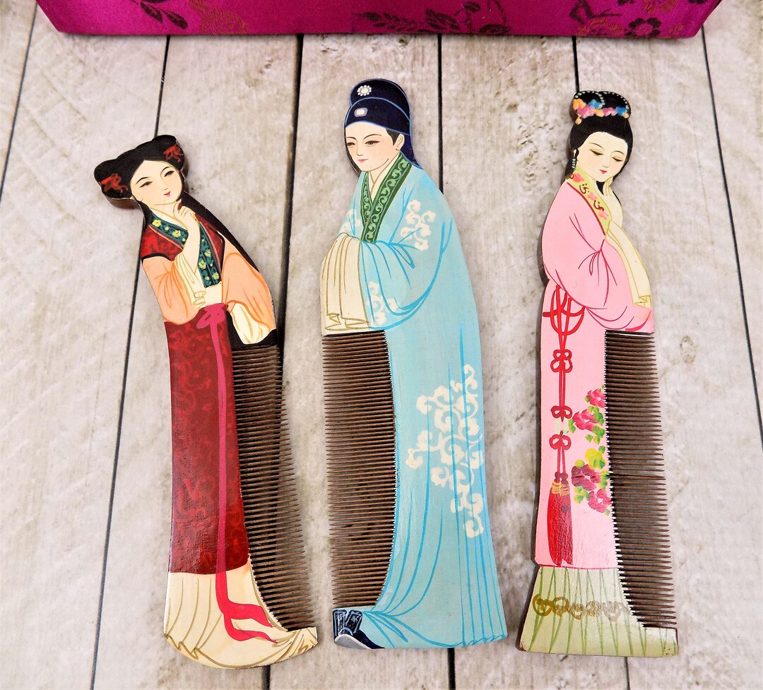 Geisha Wood Combs, Hand Carved, Hand Painted, Original Box, Set of 3 ...