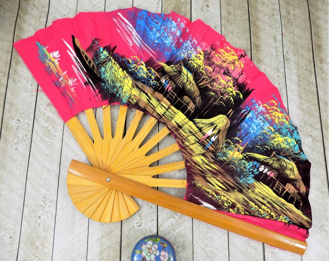 Japanese Folding Fan, Bamboo Sticks, Hand Painted Fabric, Riverside ...