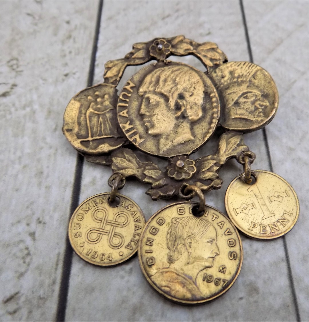 Brass Coin Brooch 1960s Mexican Coins Hand Crafted - Etsy