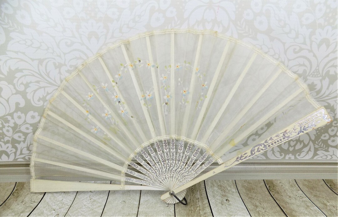 White Wedding Fan, Gauze, Hand Painted, Hand Sewn Sequins, Wood Sticks ...