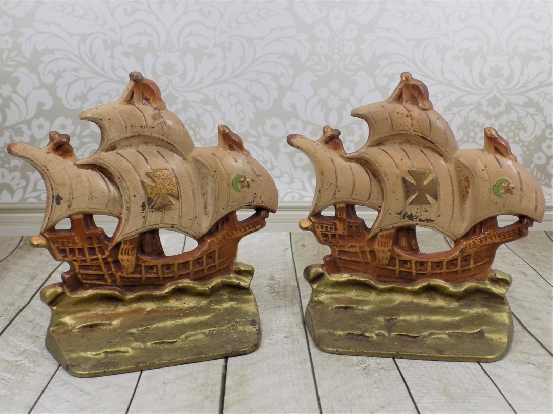 Ship Bookends, Painted Metal, Set of 2, Columbus Iron Cross, Heraldic ...