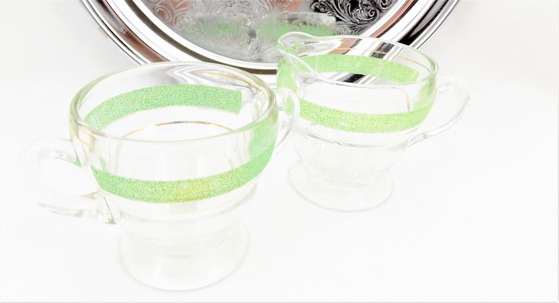 Kent Glass Creamer and Sugar Clear With Green Band Open - Etsy