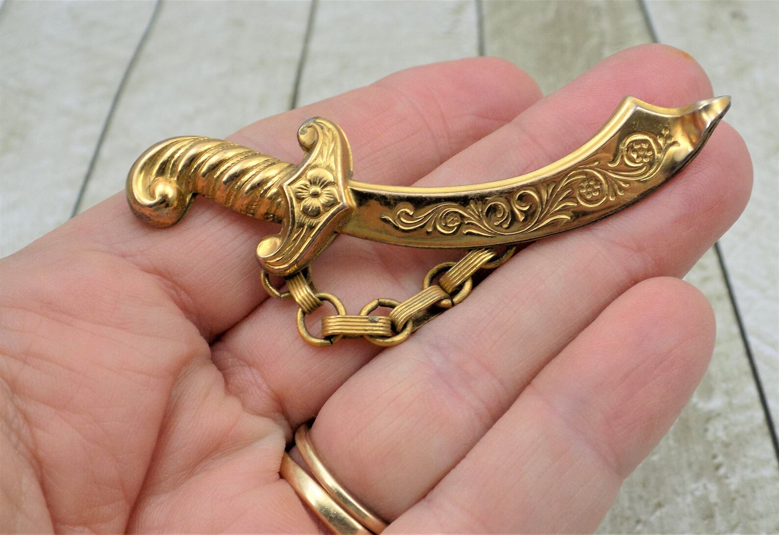 Scimitar Sword Brooch Engraved Blade With Chain Gold Wash | Etsy