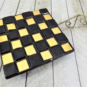 Black and Gold, Ceramic Tile Trivet, Checkerboard Pattern, Gold Foil ...