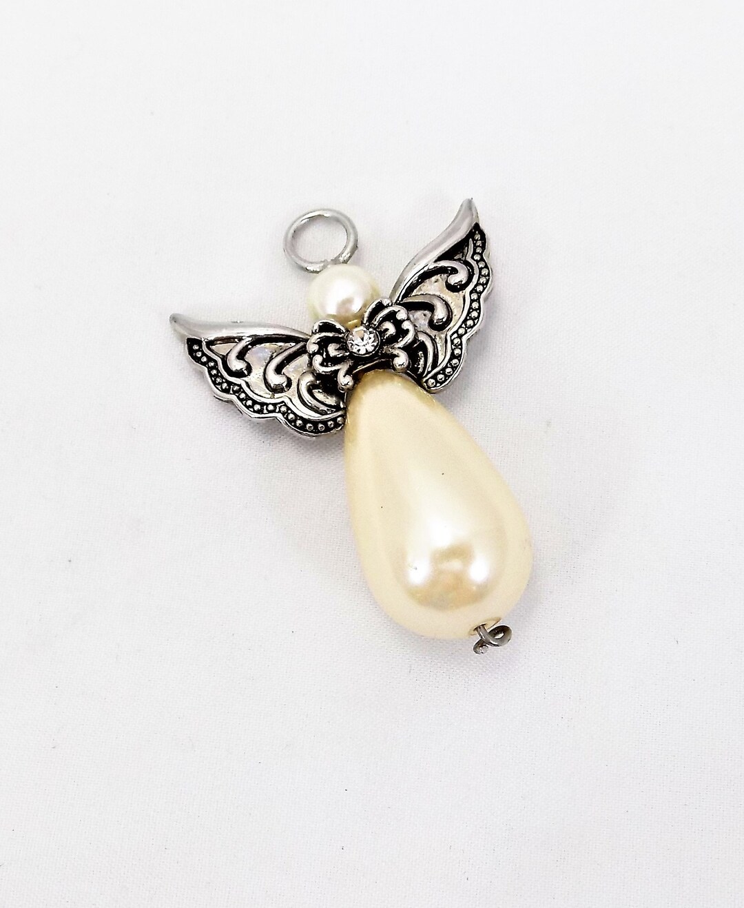 Angel Pearl Pendant Large Teardrop Pearl Silver Tone Angel Wings Crystal Rhinestone Pearl Head Vintage Necklace Pendant Etsy