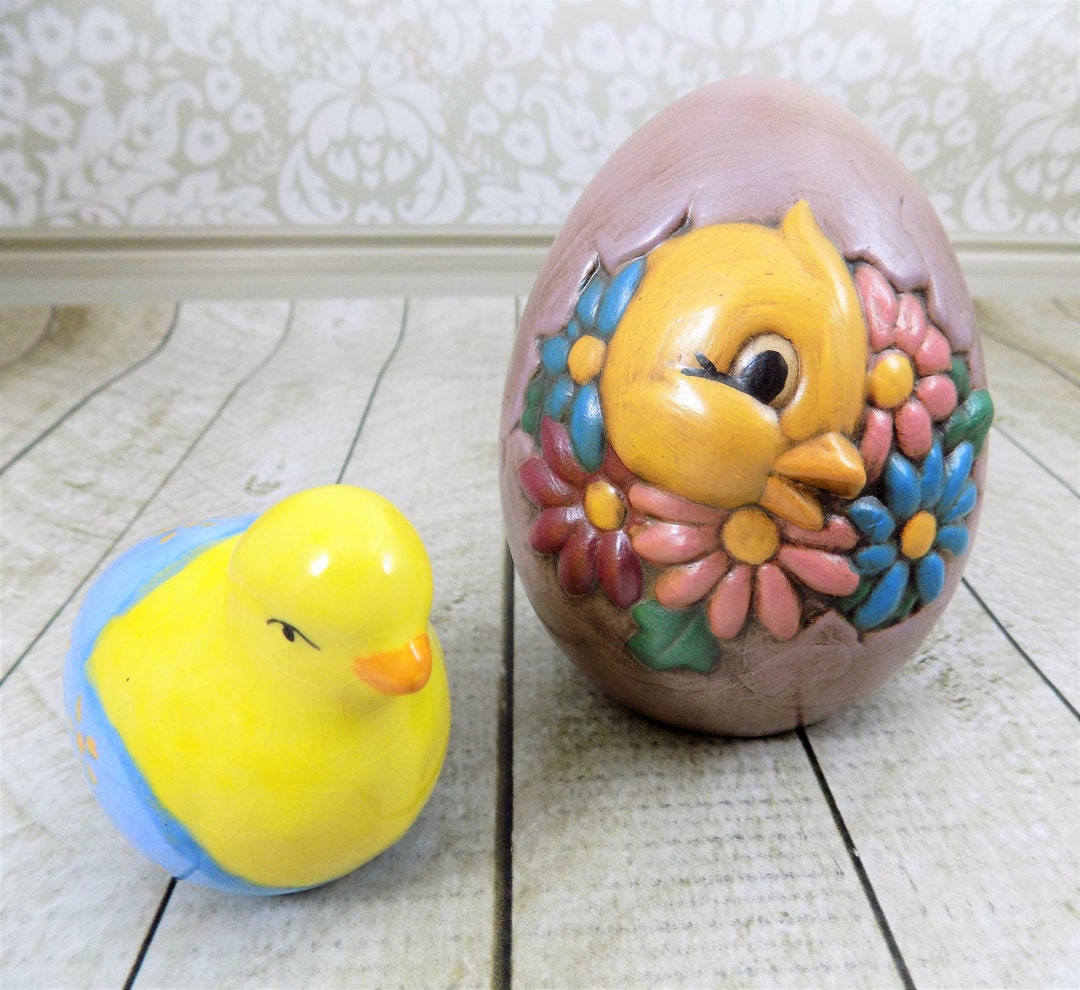 Ceramic Easter Eggs, Two Chicks, Purple Blue Yellow, Spring Decor ...
